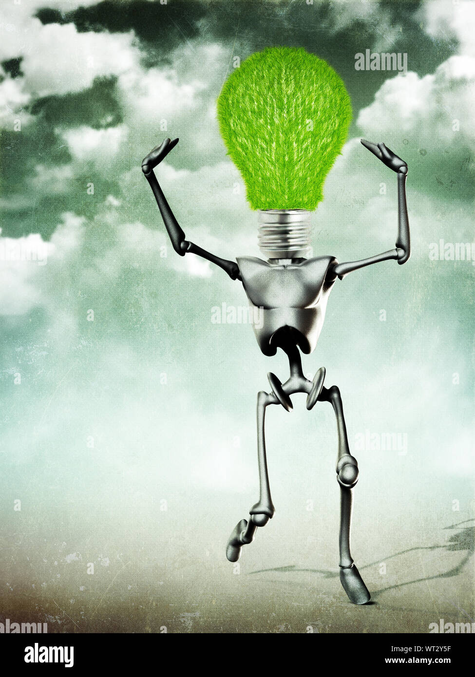 Abstract grunge illustration of metal humanoid with grass light bulb ...
