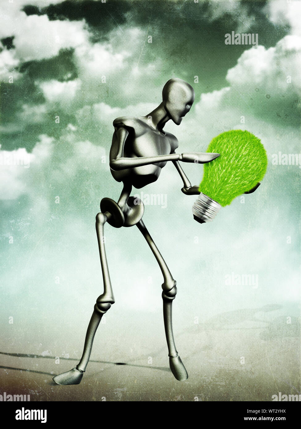 Abstract grunge illustration of metal humanoid holding grass light bulb ...