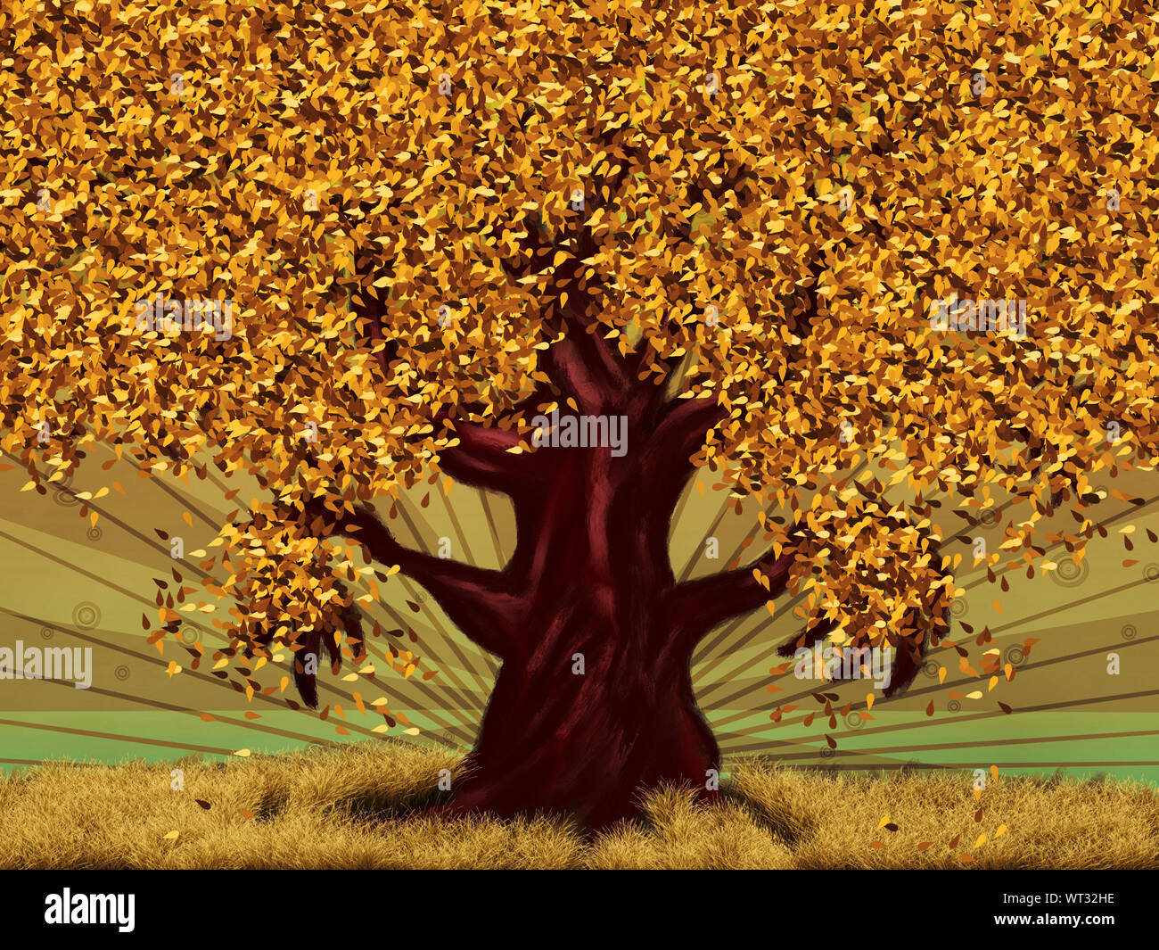 Abstract digital illustration of big fantasy tree at autumn season ...