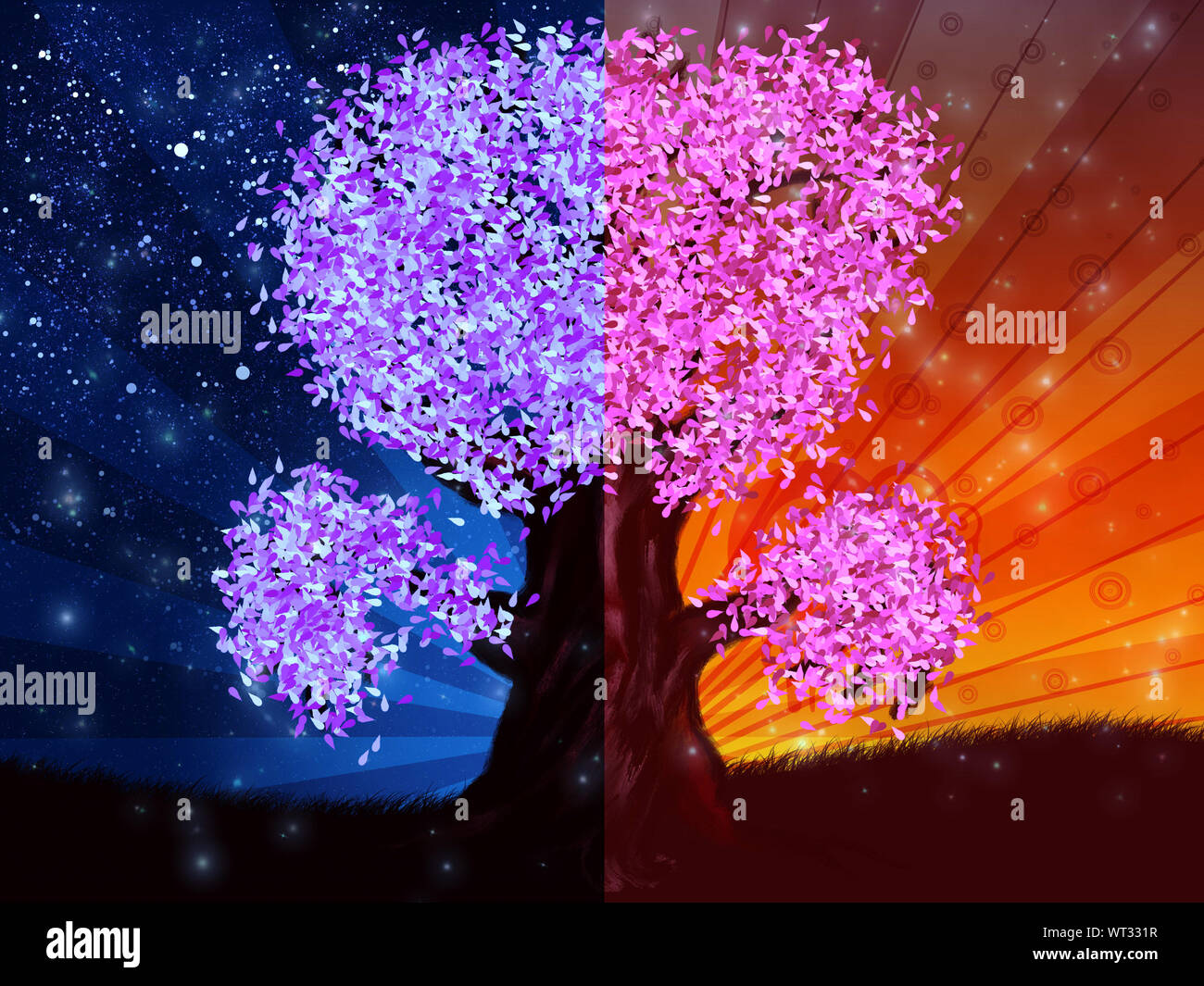 Abstract digital illustration of fantasy tree at night and day time ...