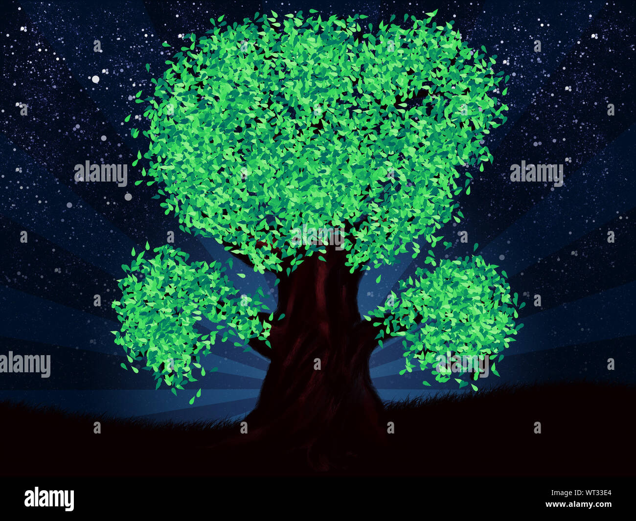 Abstract digital illustration of green fantasy tree at night Stock ...