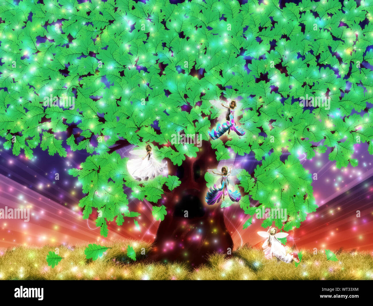Illustration of a fantasy oak tree with fairies background Stock Photo ...