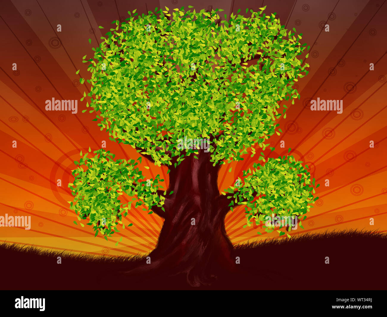 Abstract digital illustration of fantasy tree with leaves of green ...