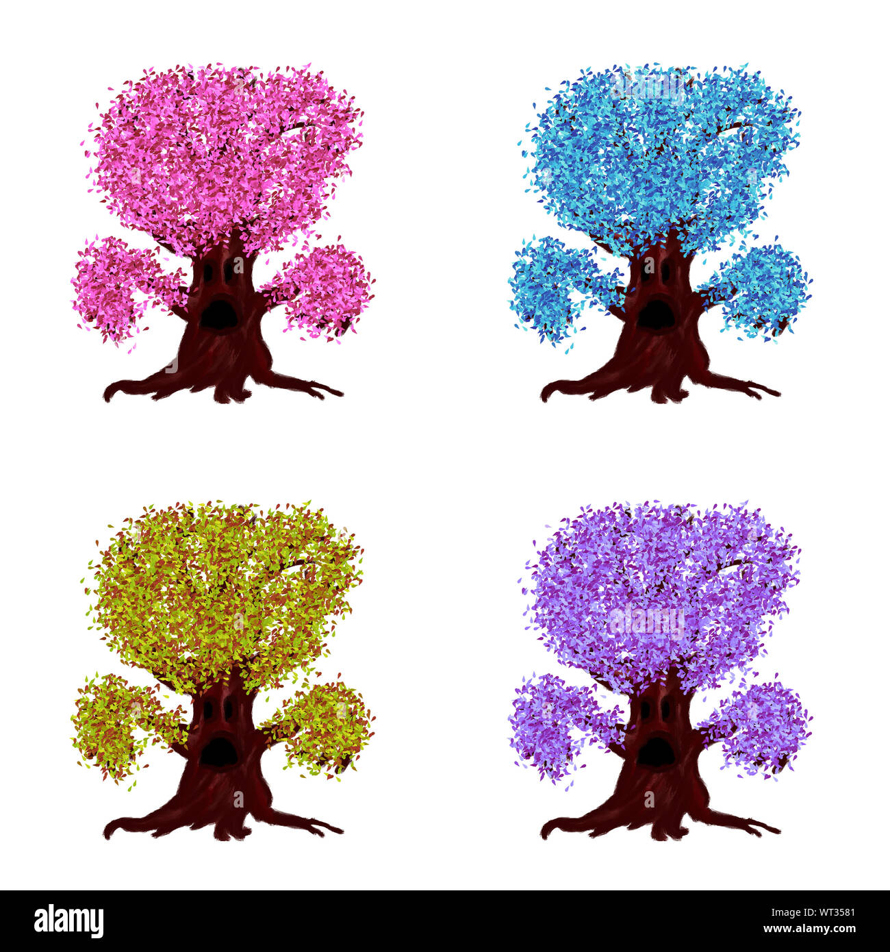 Abstract digital illustration of cartoon fantasy trees with leaves of ...