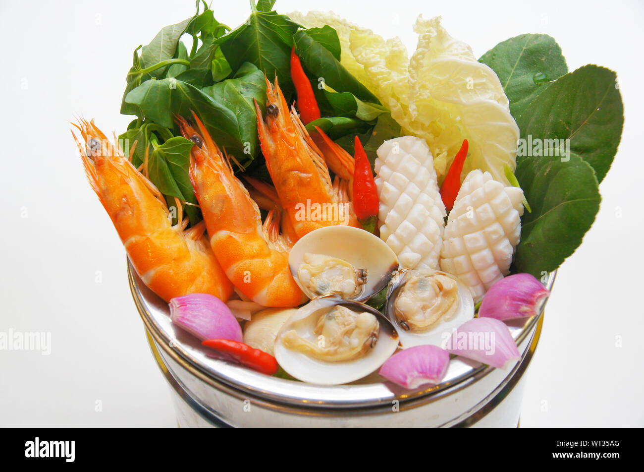 Vietnamese food fresh seafood one person hot pot with vegetables Stock ...