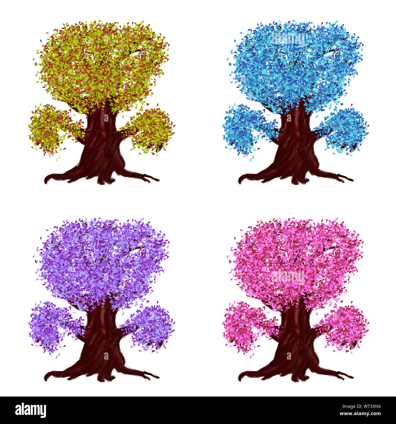 Abstract digital illustration of cartoon fantasy trees with leaves of ...