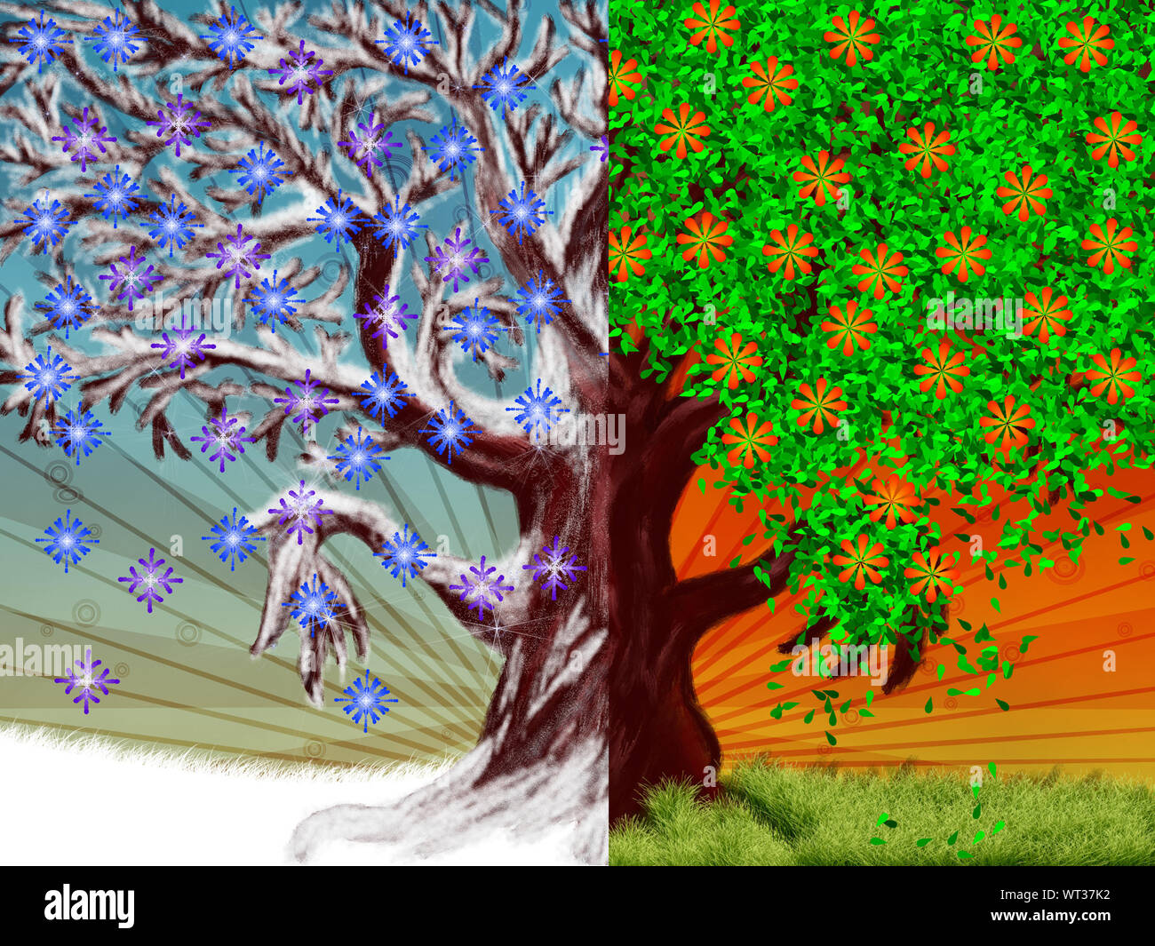 Abstract digital illustration of big tree, winter and summer seasons ...