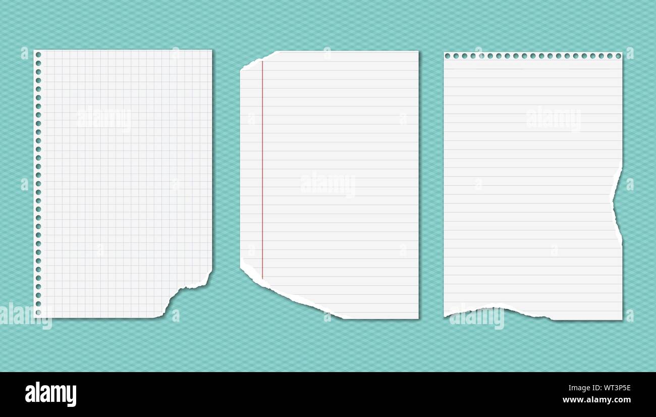 White ripped, lined and squared notebook, copybook paper sheets are on ...