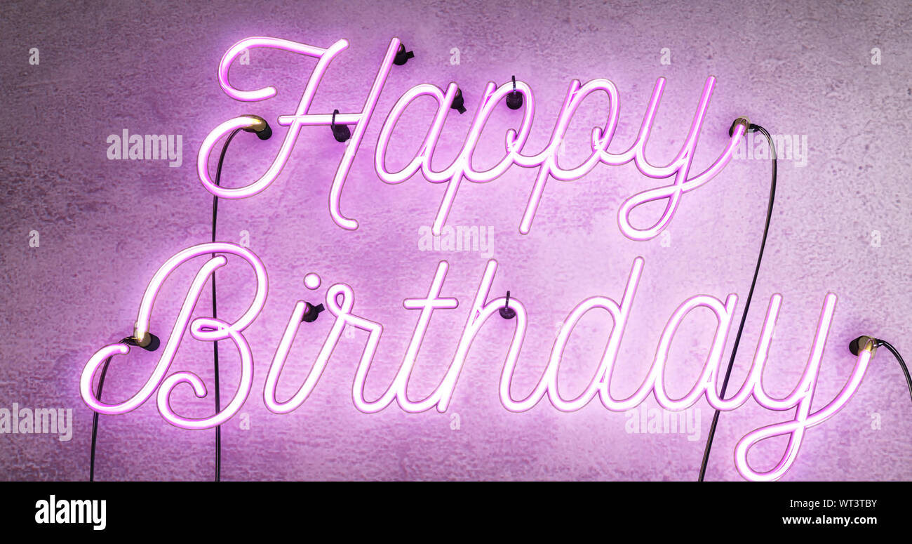 Happy Birthday neon pink sign saying on a concrete wall Stock Photo - Alamy