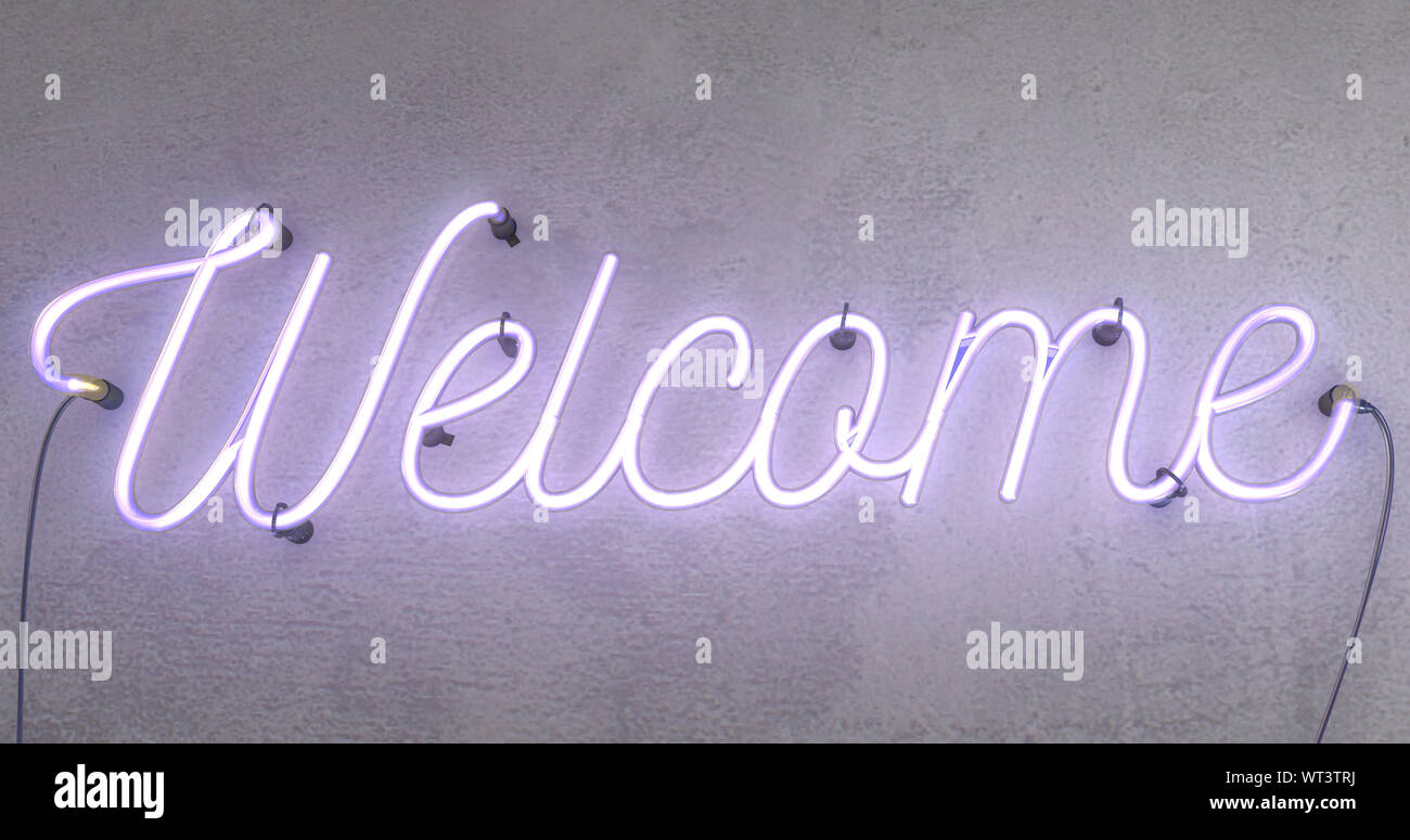 Neon pink sign saying the word Welcome Stock Photo - Alamy