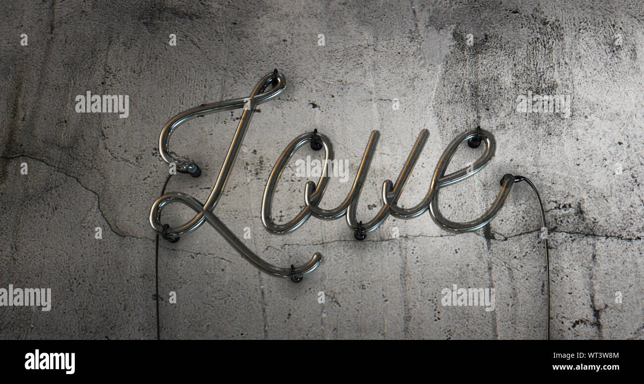 Turned off neon sign that says the word Love on a grunge concrete wall ...
