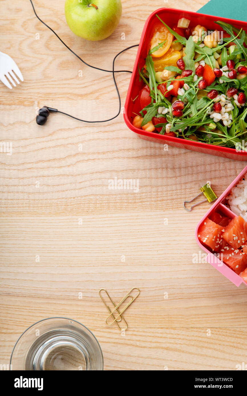 Top view shot with healthy lunch dishes variety: salad with grains ...