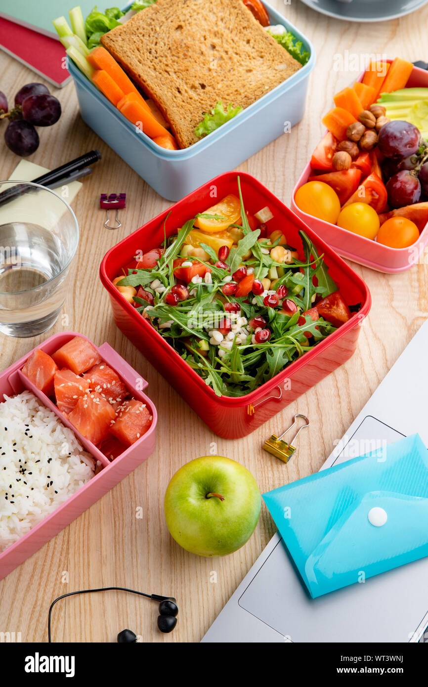 Top view shot with healthy lunch dishes variety: salad with grains ...
