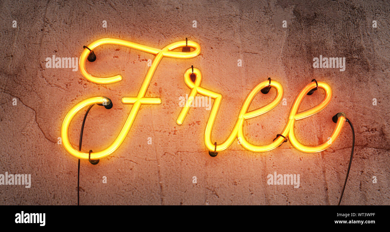 Bright red neon sign lamp saying the word Free on a grunge concrete ...