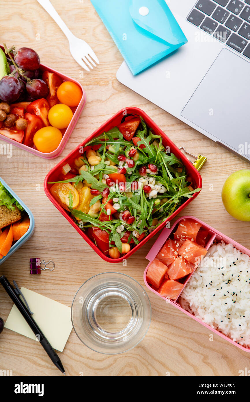 Top view shot with healthy lunch dishes variety: salad with grains ...