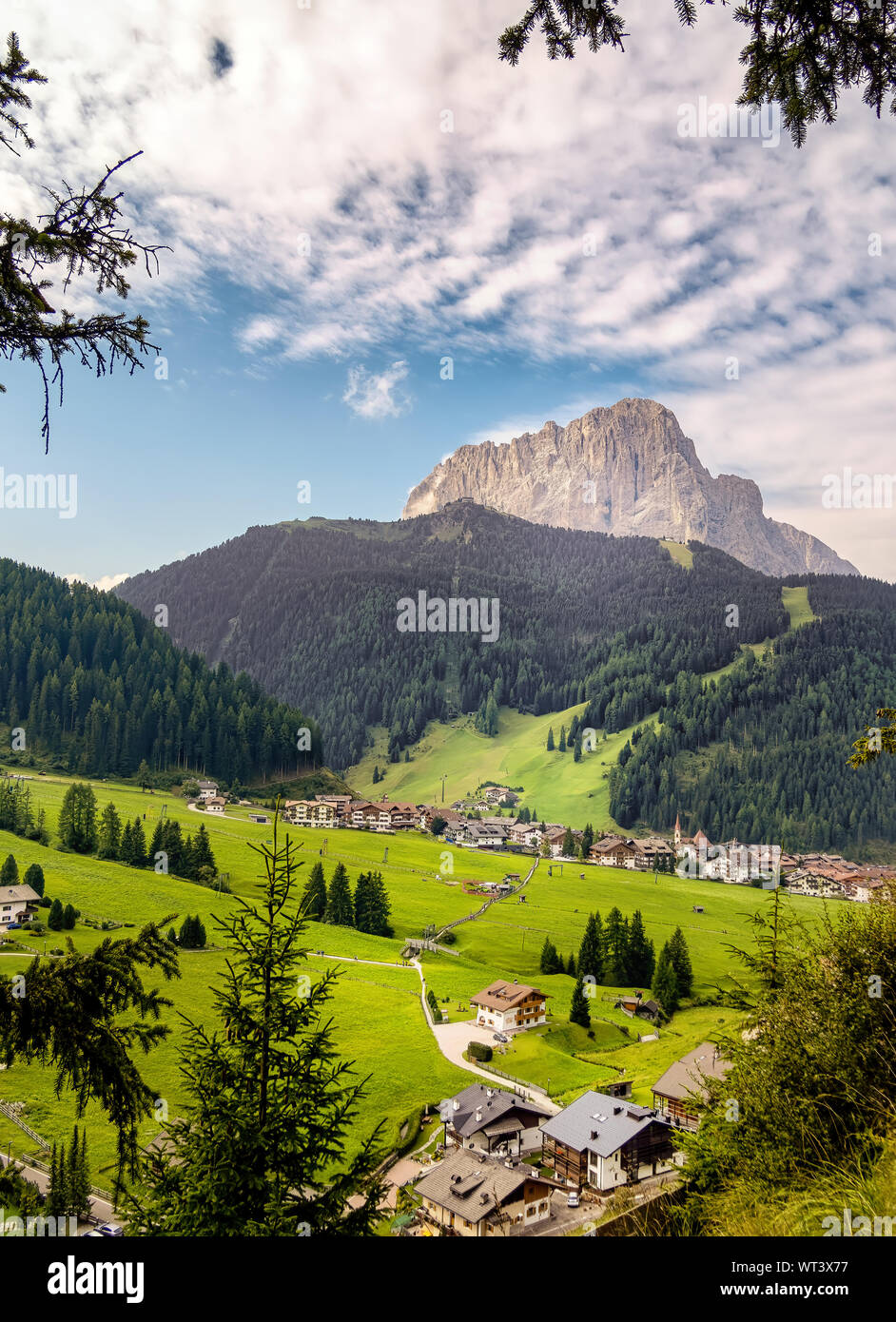 SELVA GARDENA, ITALY- SEPTEMBER 1, 2019: View across the town through ...