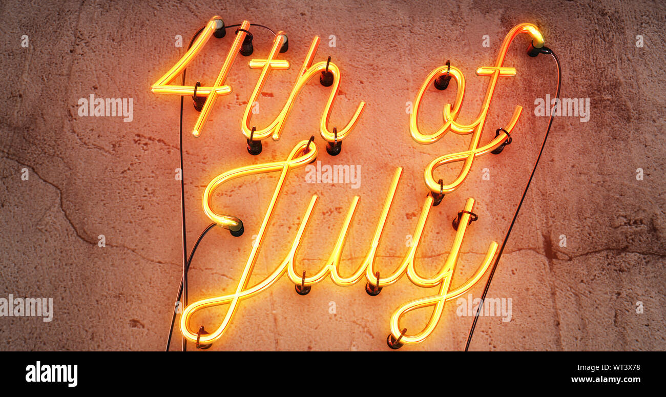 4th of July Independence Day bright red neon sign on a grey concrete ...