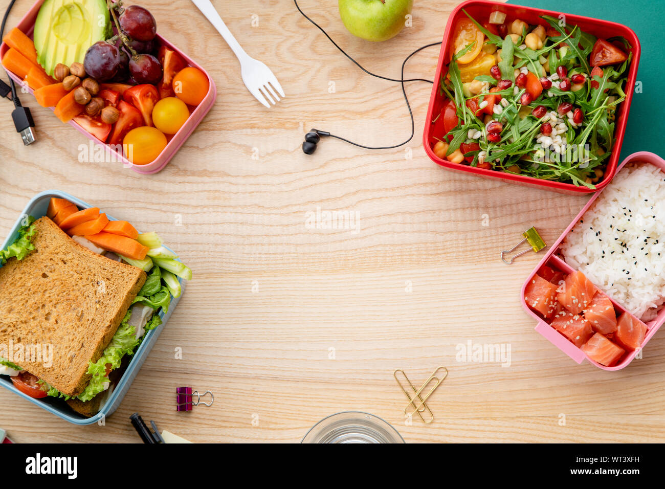 Top view shot with healthy lunch dishes variety: salad with grains ...