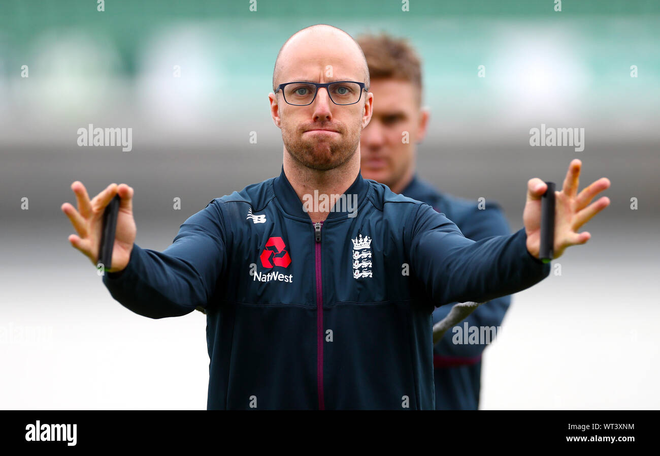 England's Jack Leach during the nets session at The Oval, London Stock ...
