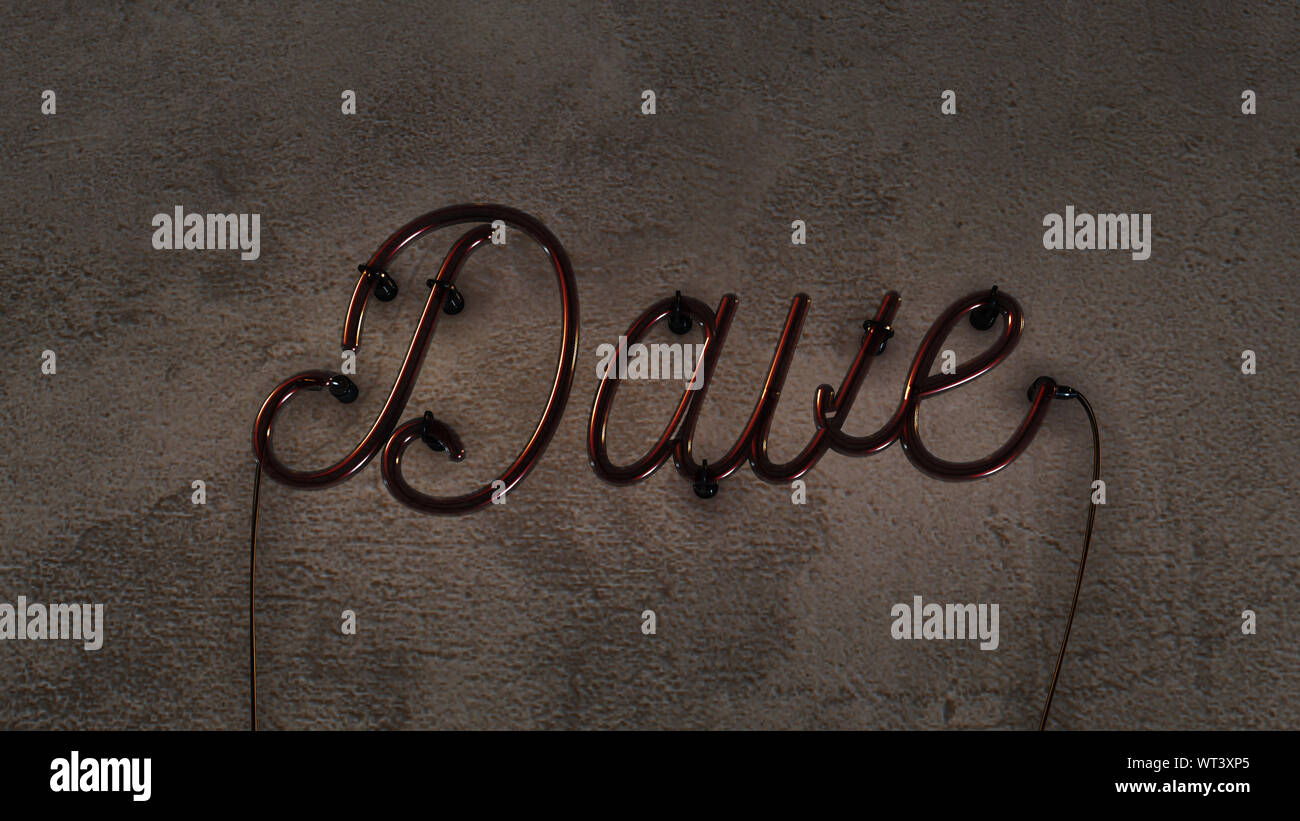 Turned off neon sign that says the name Dave in bright red/orange on a ...