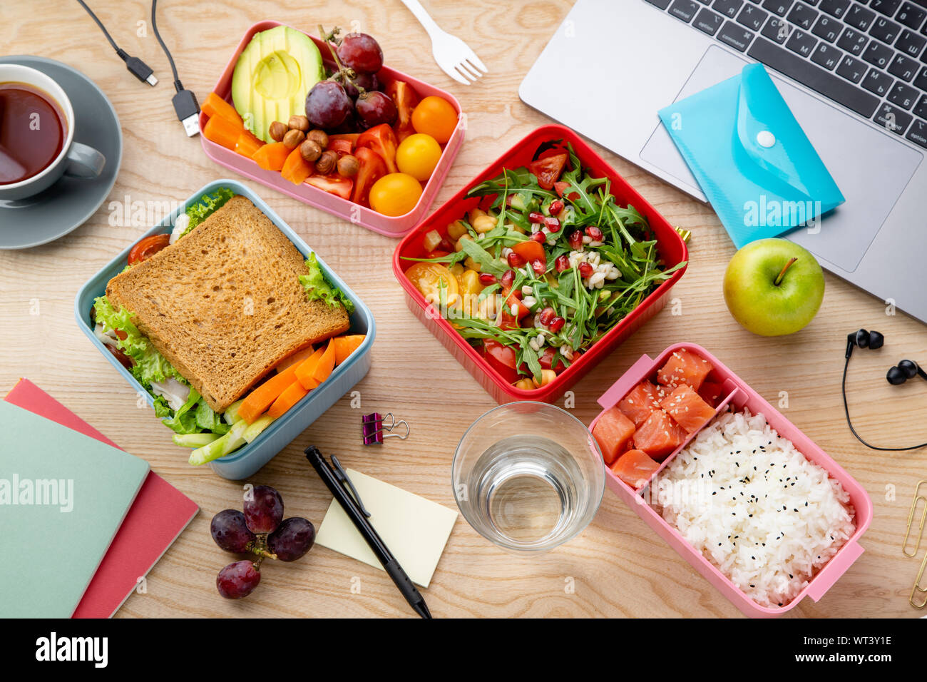 Top view shot with healthy lunch dishes variety: salad with grains ...
