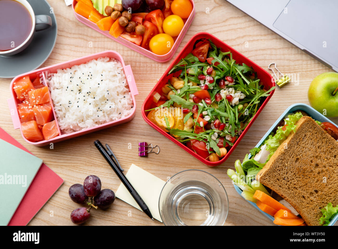 Top view shot with healthy lunch dishes variety: salad with grains ...