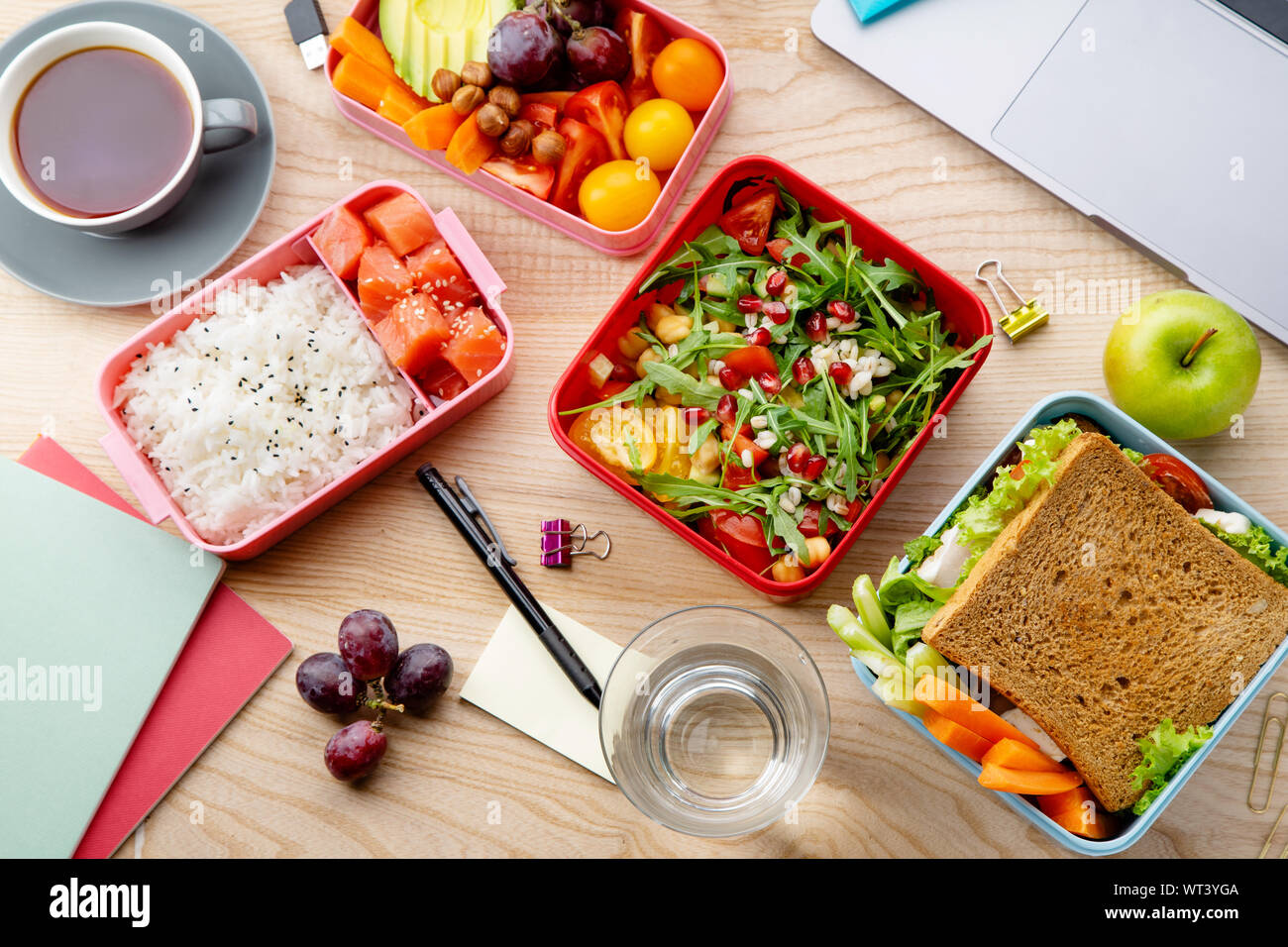 Top view shot with healthy lunch dishes variety: salad with grains ...