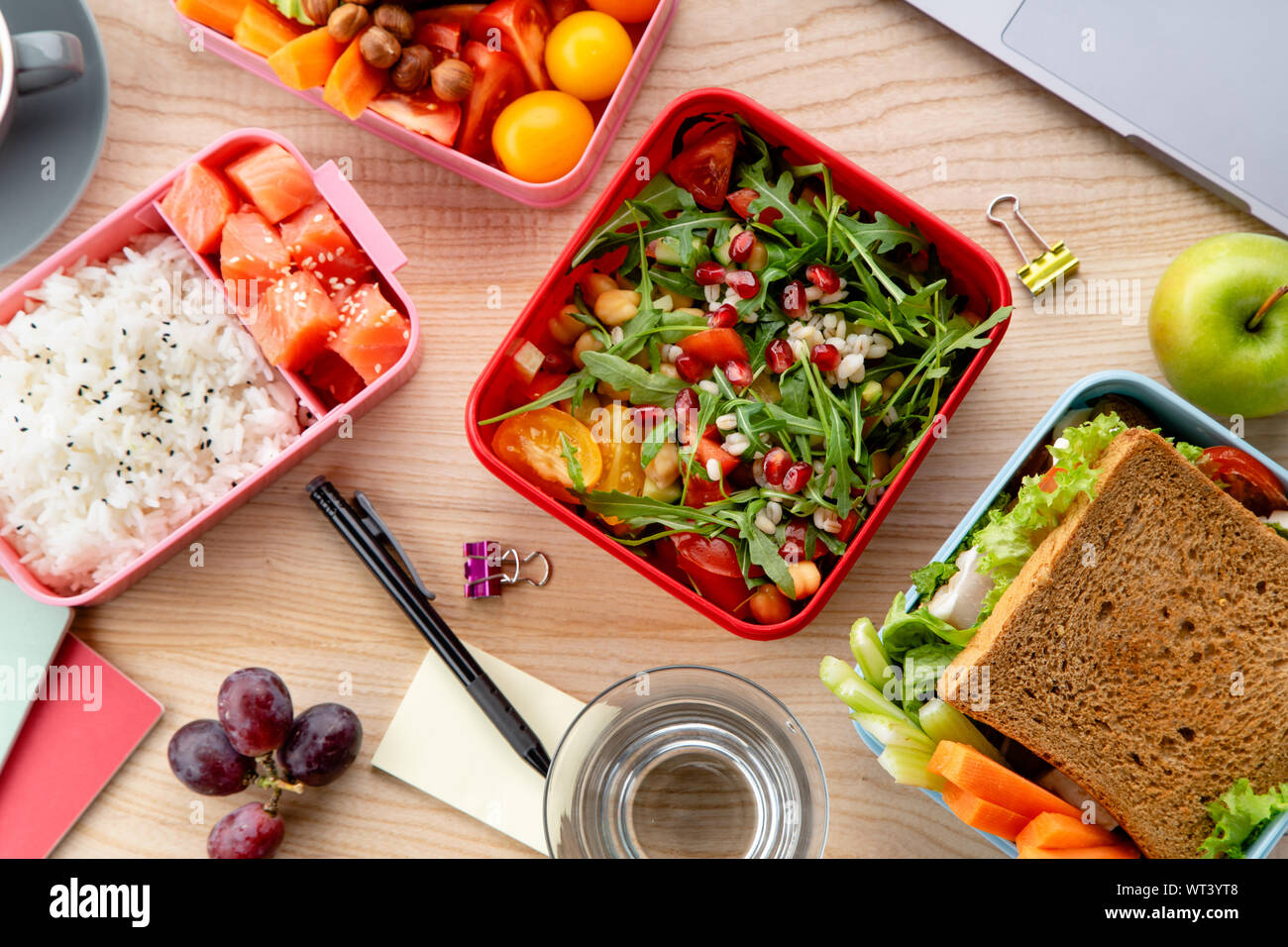 Top view shot with healthy lunch dishes variety: salad with grains ...