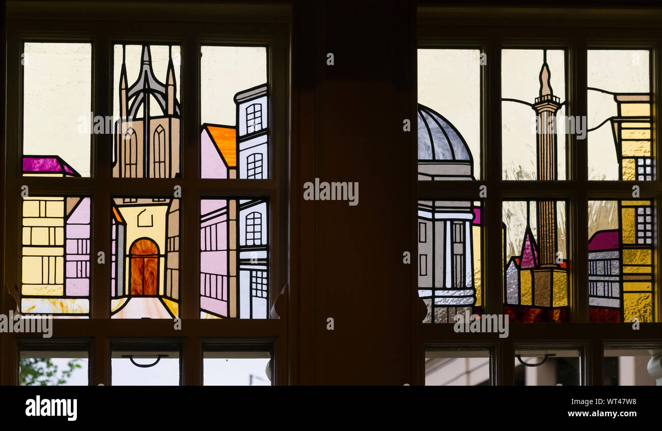 Stained glass windows at The Bridge Hotel, Newcastle, UK Stock Photo ...