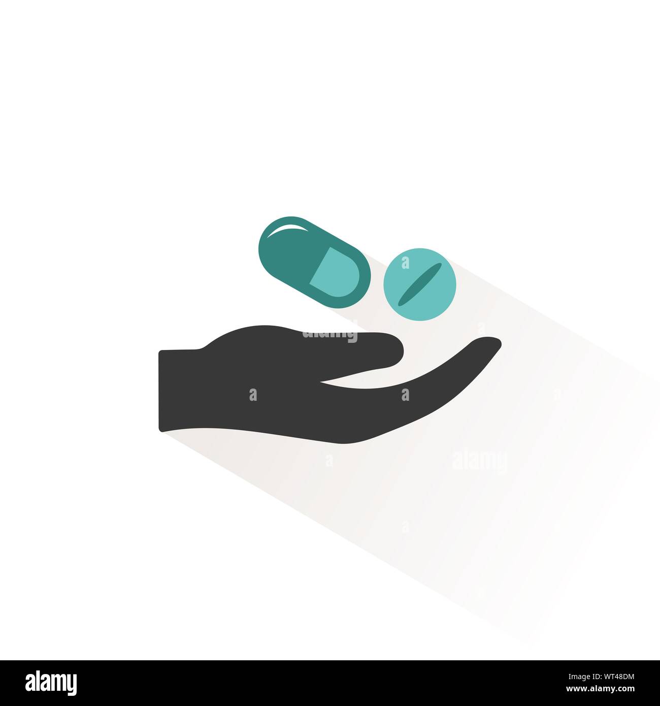 Hand and pills. Flat color icon with beige shade. Pharmacy and medicine ...