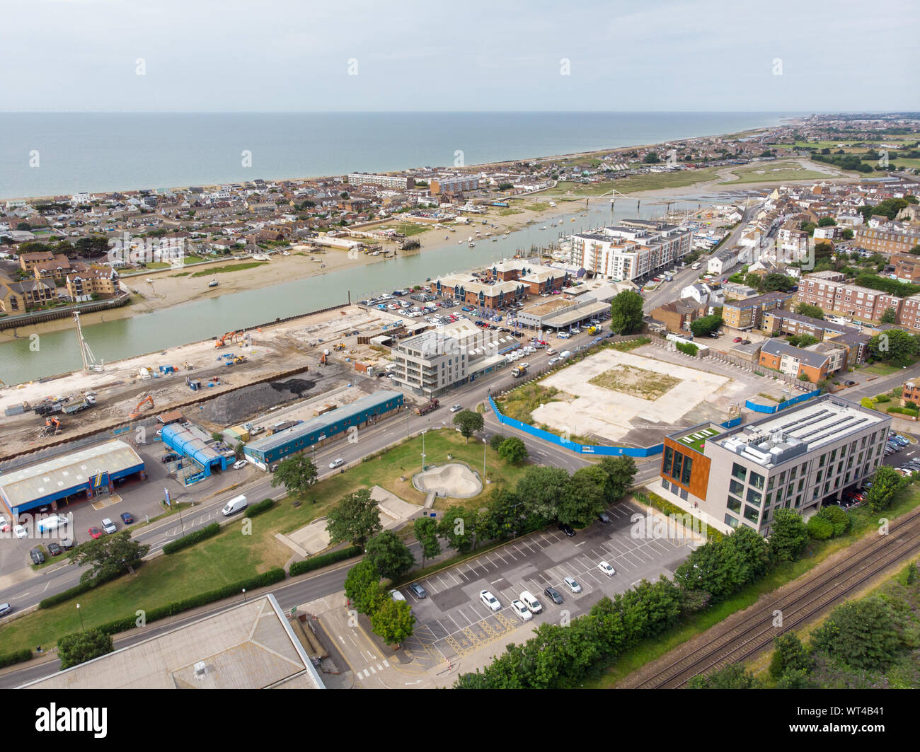 Aerial photo of the town of Shoreham-by-Sea, a seaside town and port in ...
