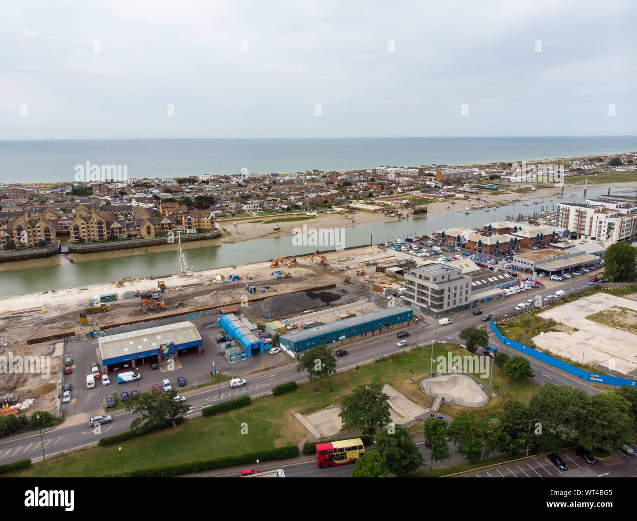 Aerial photo of the town of Shoreham-by-Sea, a seaside town and port in ...