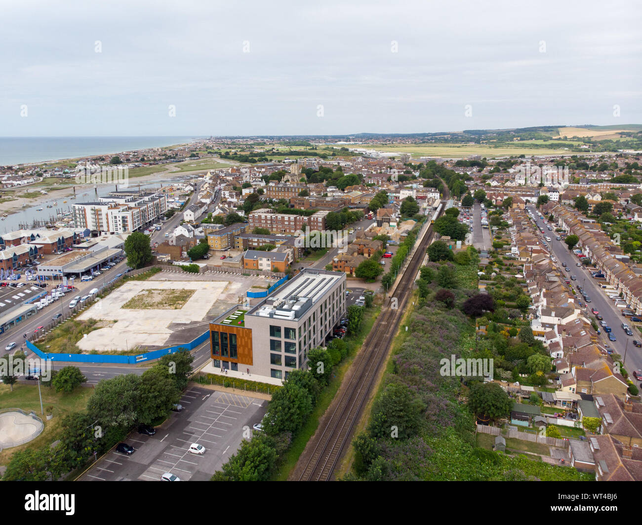 Aerial photo of the town of Shoreham-by-Sea, a seaside town and port in ...