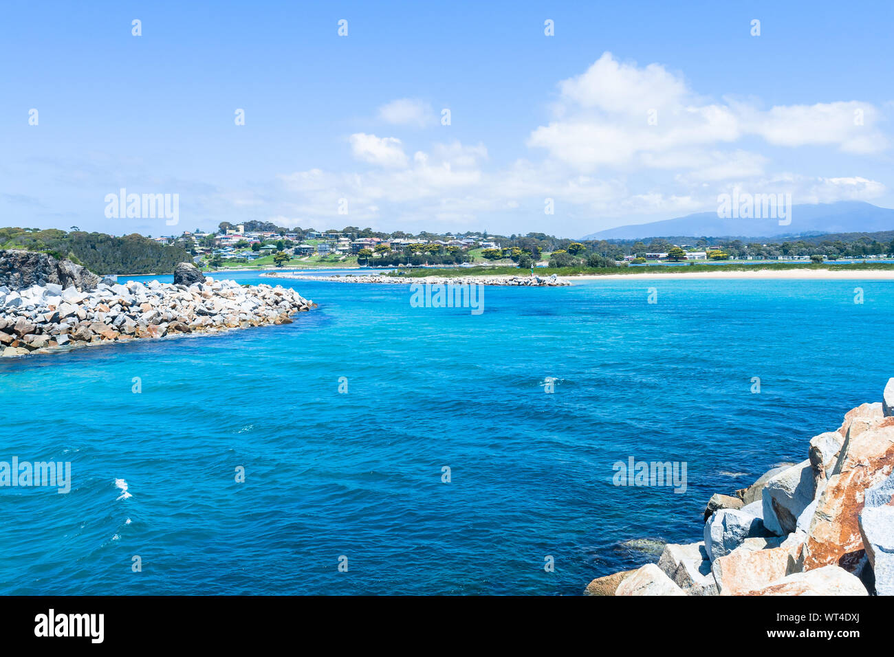 Scenic river lagoon estuary with clear waters for boat channel entry ...