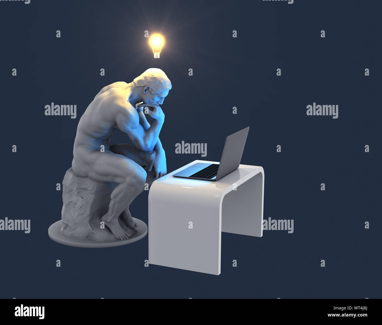 Sculpture Thinker With Laptop And Glowing Light Bulb Over His Head As ...