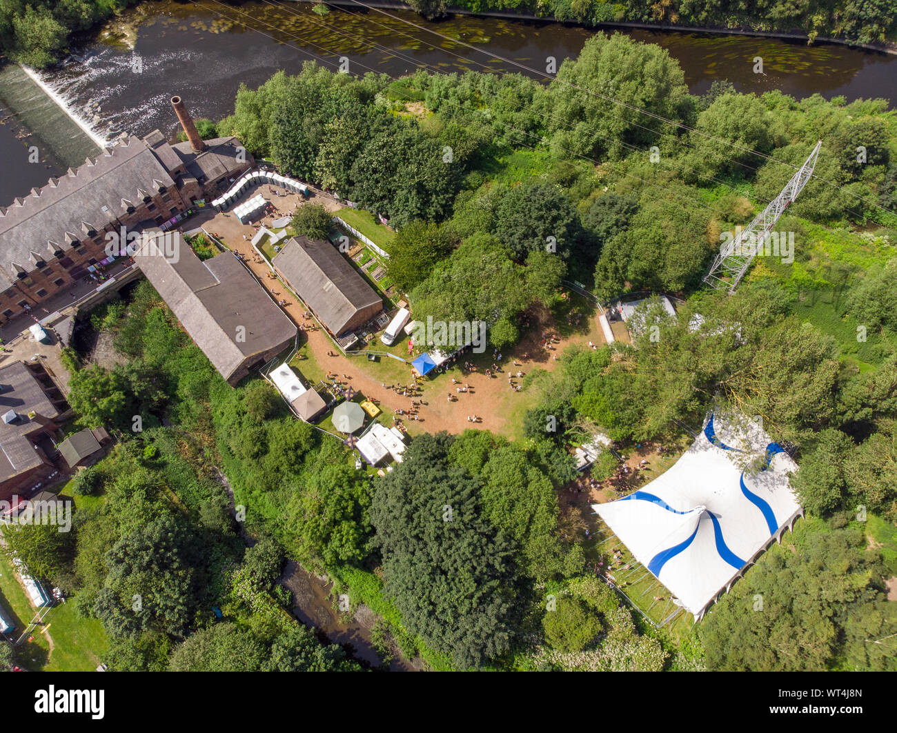 Aerial footage of The Made in Leeds Festival located at the Thwaite ...