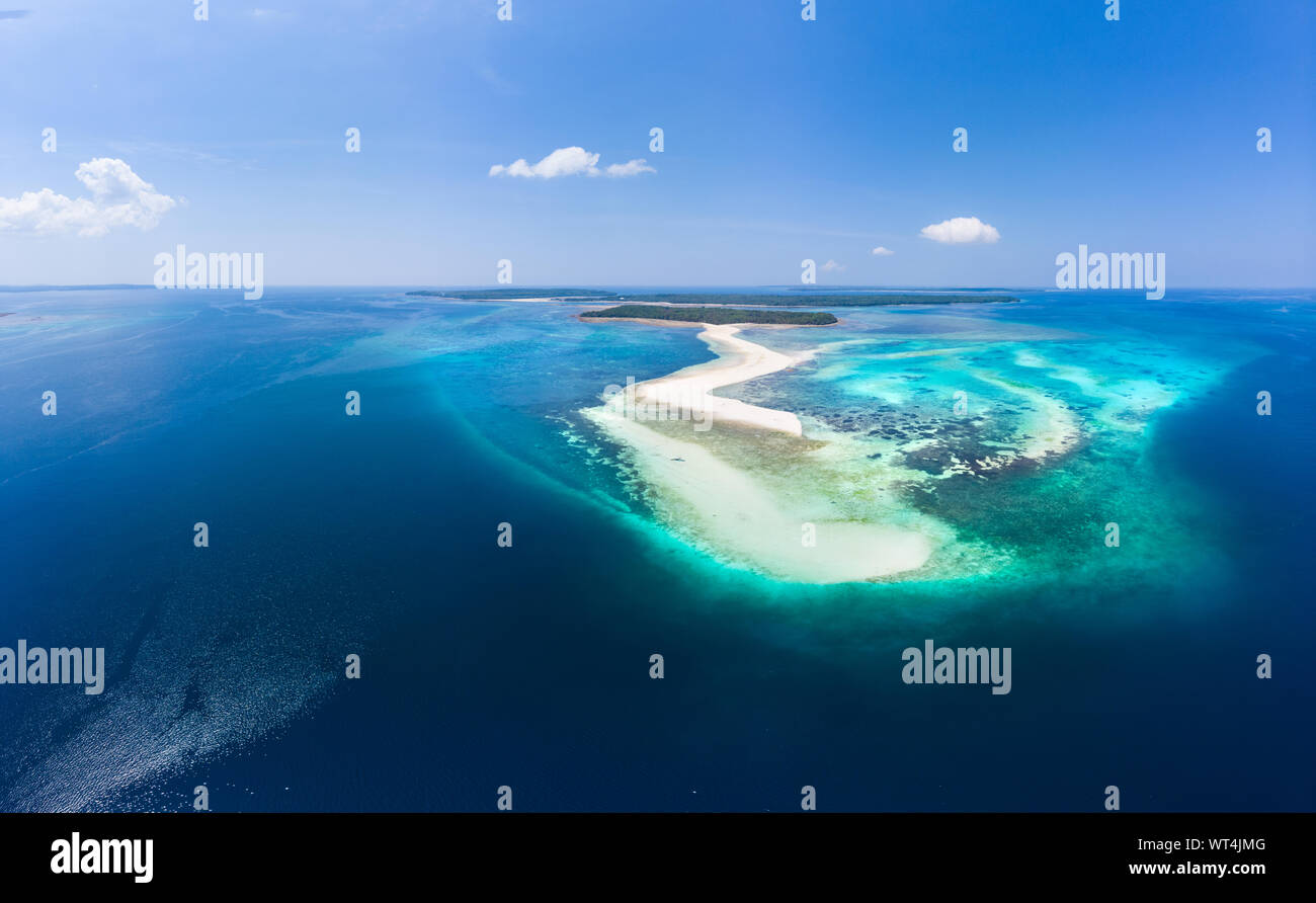 Aerial view tropical beach island reef caribbean sea. White sand bar ...