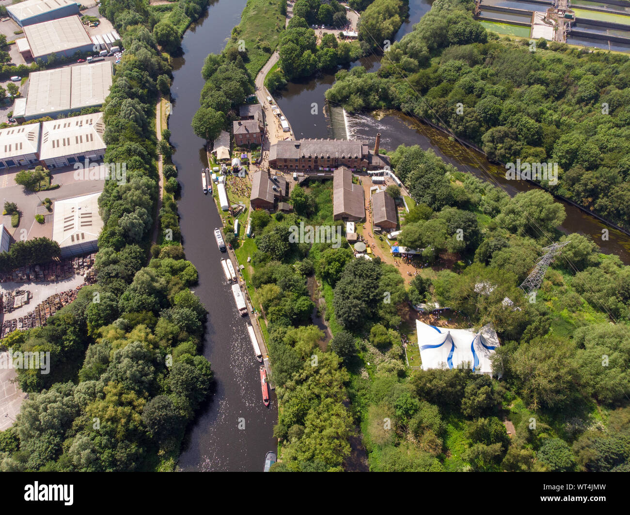 Aerial footage of The Made in Leeds Festival located at the Thwaite ...