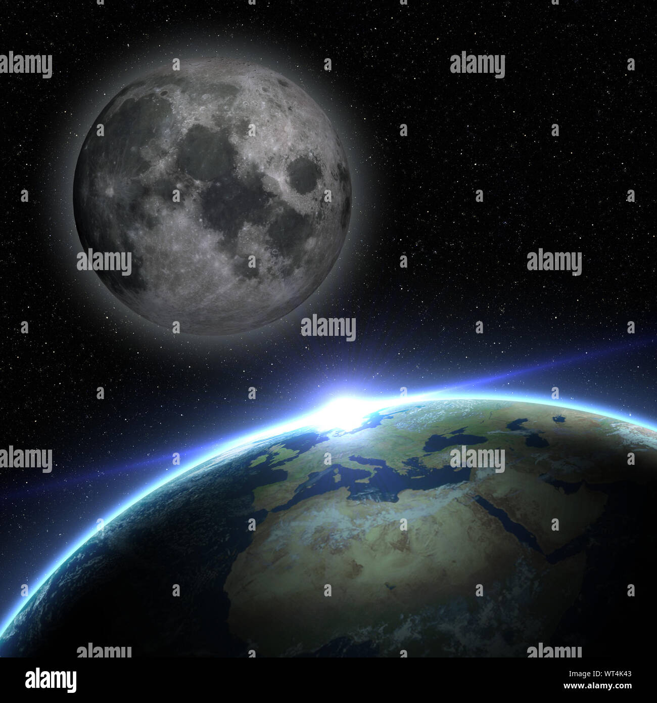 Earth and moon in outer space with stars Stock Photo - Alamy