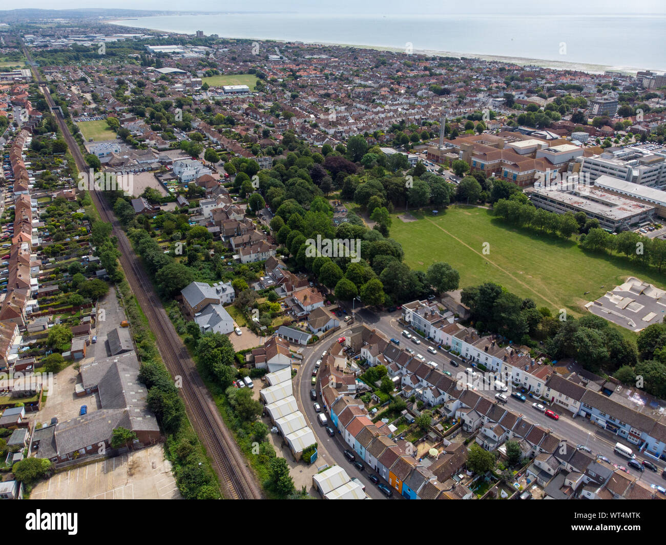 Aerial photo of the town of Worthing, large seaside town in England ...