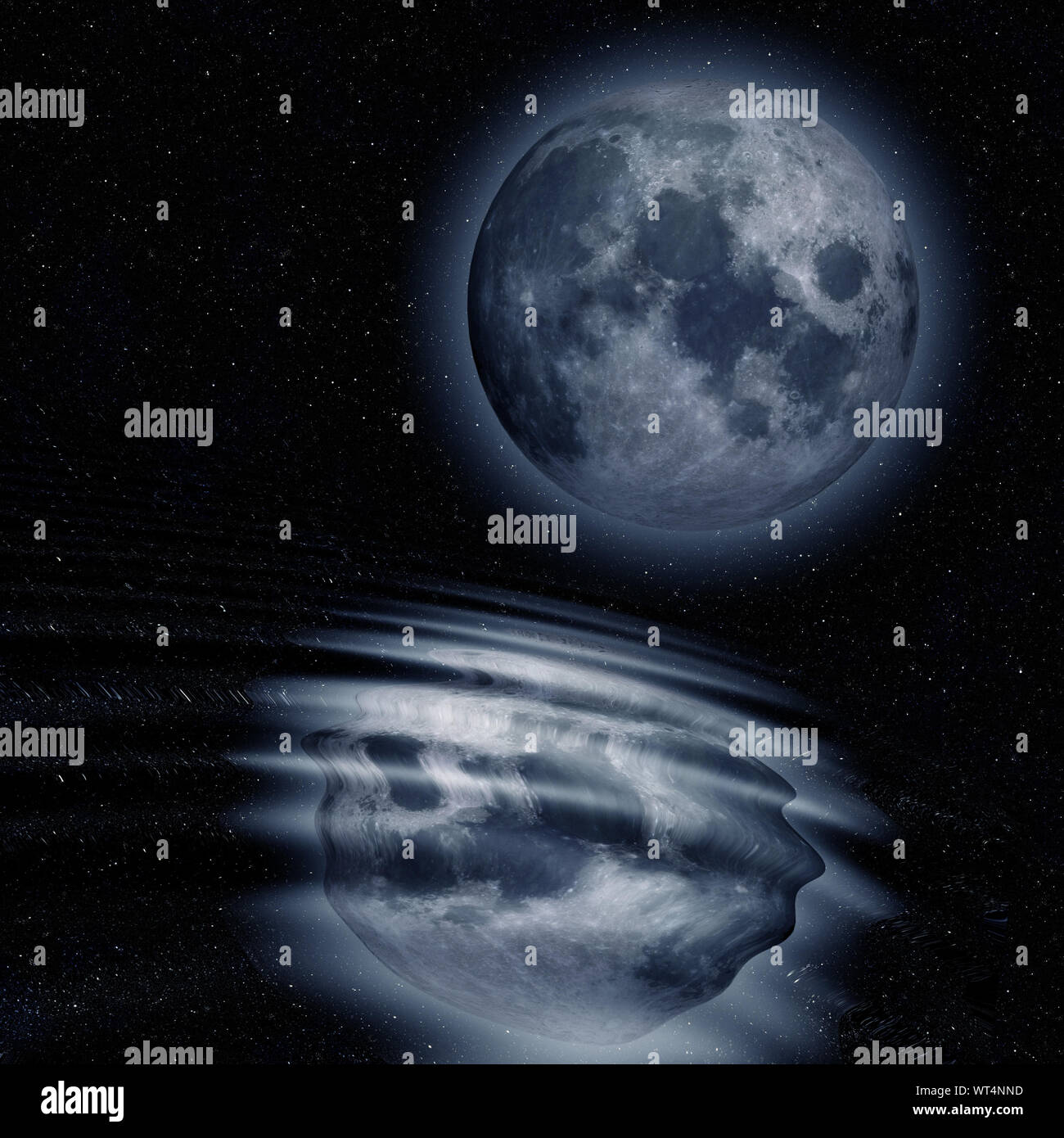 Full blue moon over cold night water Stock Photo - Alamy