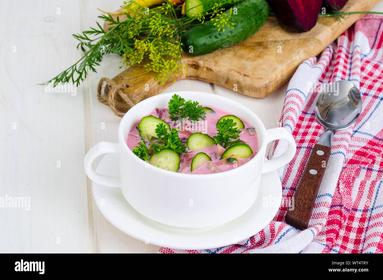 Cold beet soup with cucumbers. Studio Photo Stock Photo - Alamy
