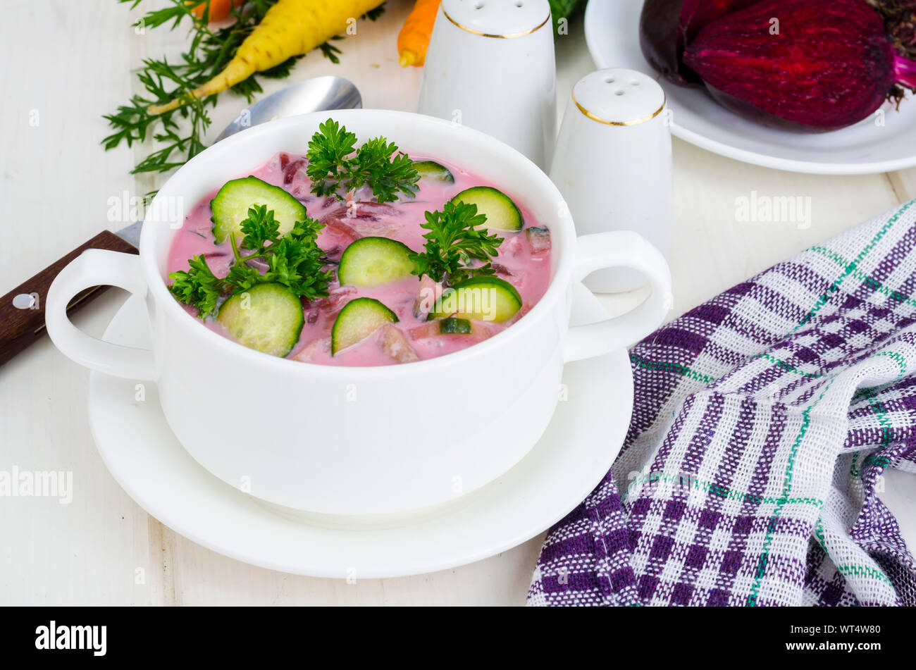 Cold beet soup with cucumbers. Studio Photo Stock Photo - Alamy