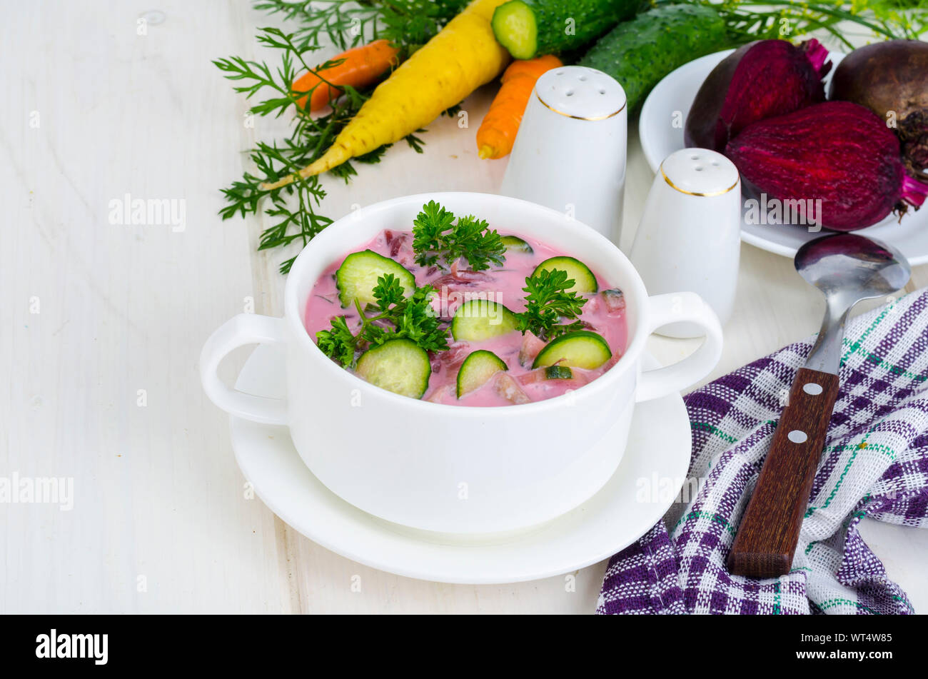 Cold beet soup with cucumbers. Studio Photo Stock Photo - Alamy