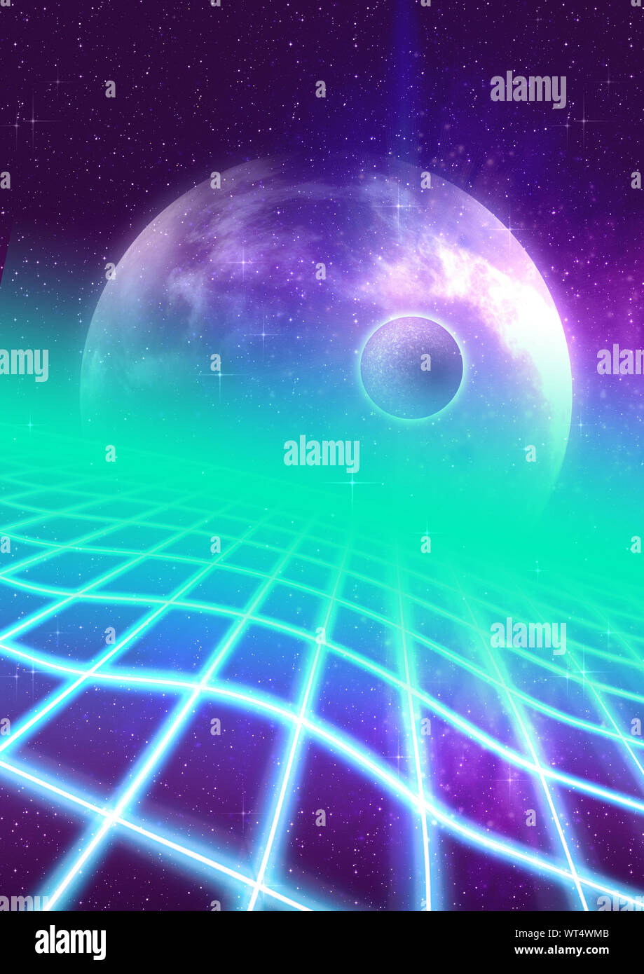 Glowing futuristic space landscape with cyber grid design, 3d ...