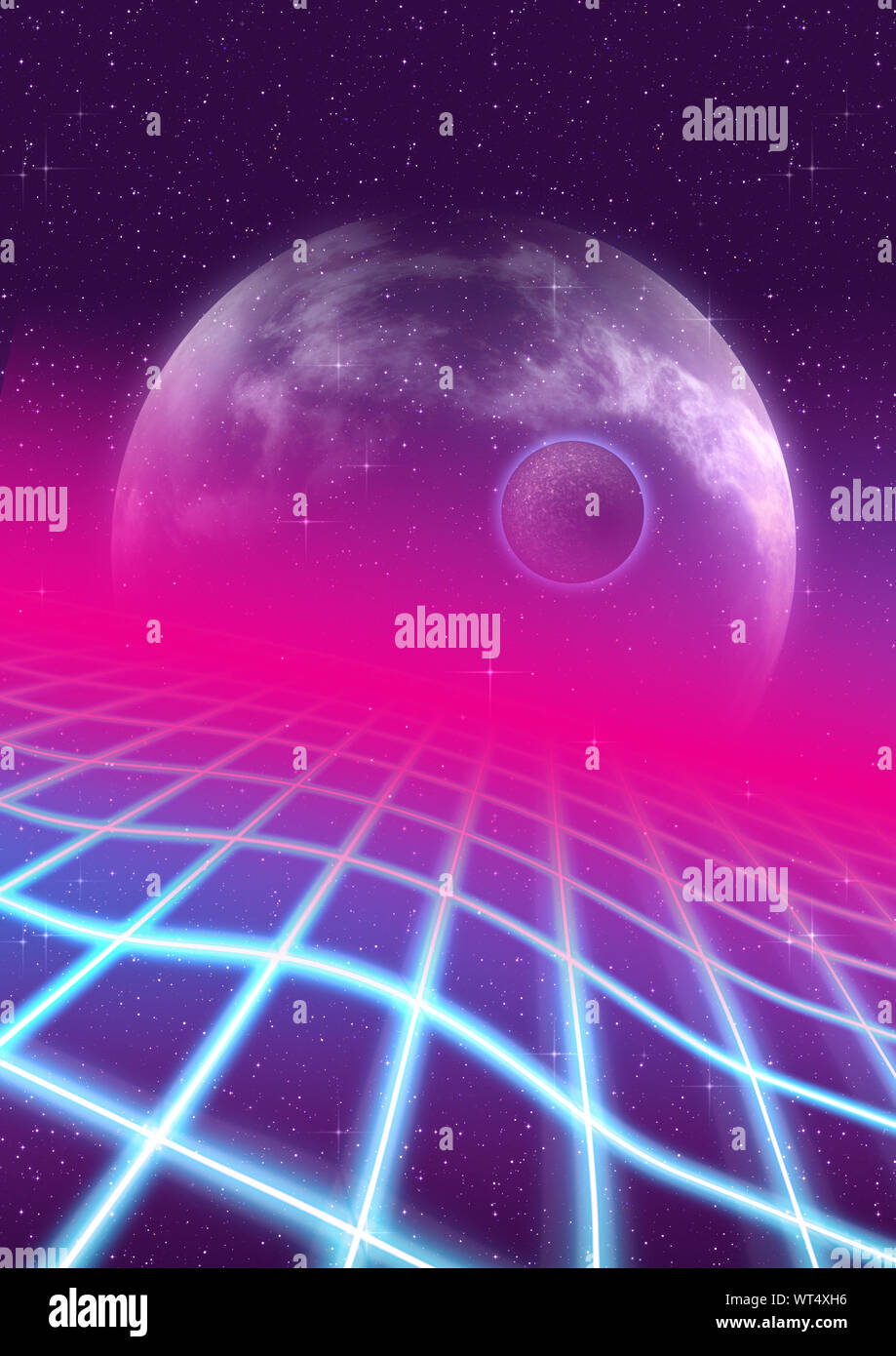 Glowing futuristic space landscape with cyber grid design, 3d ...