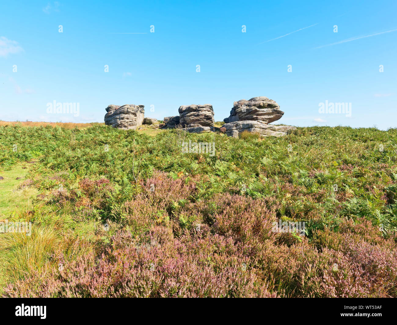 The worn and weathered Three Ships gritstone outcrop on Birchen Edge in ...