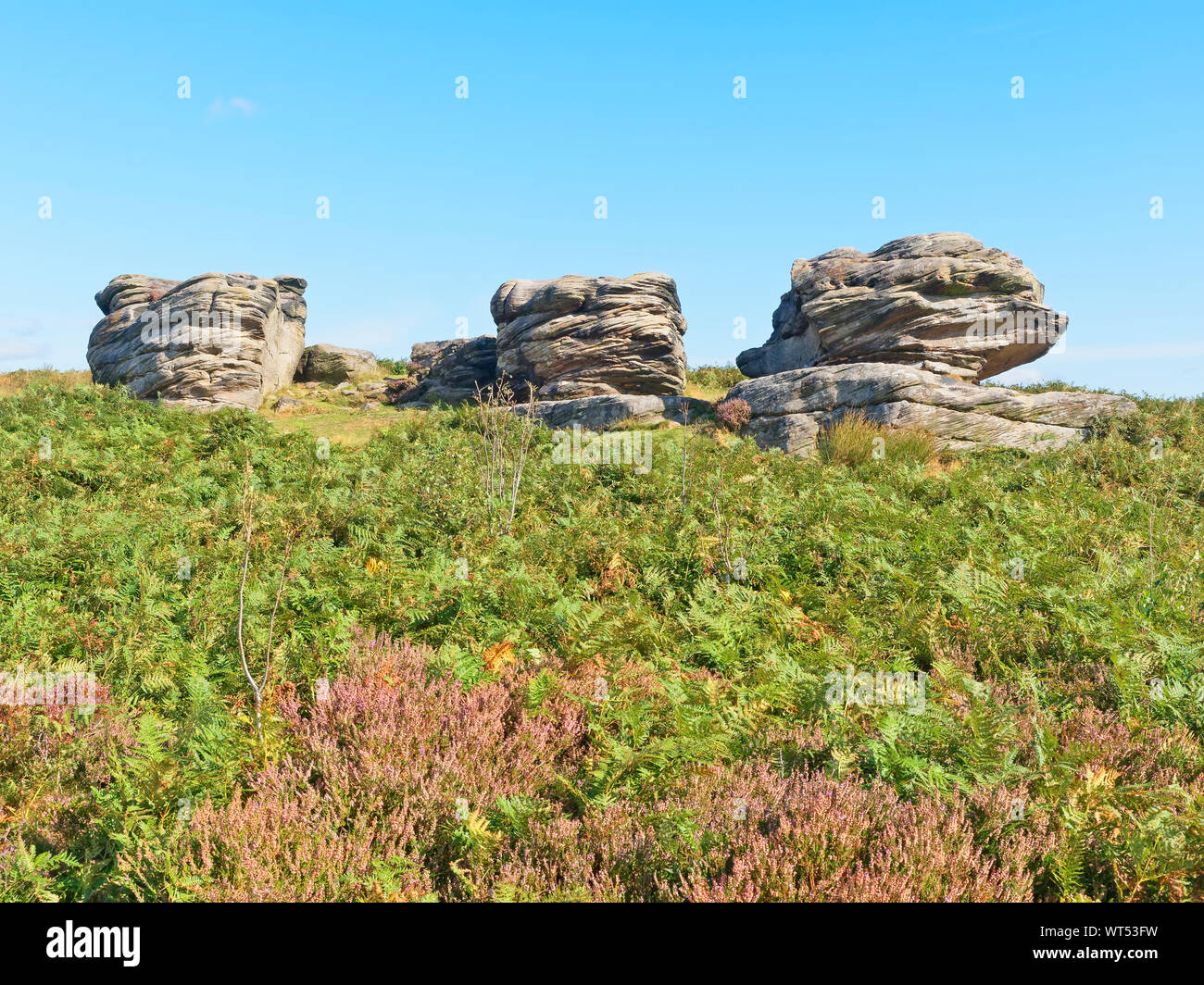 Three Ships, a worn and weathered gritstone outcrop on Birchen Edge in ...