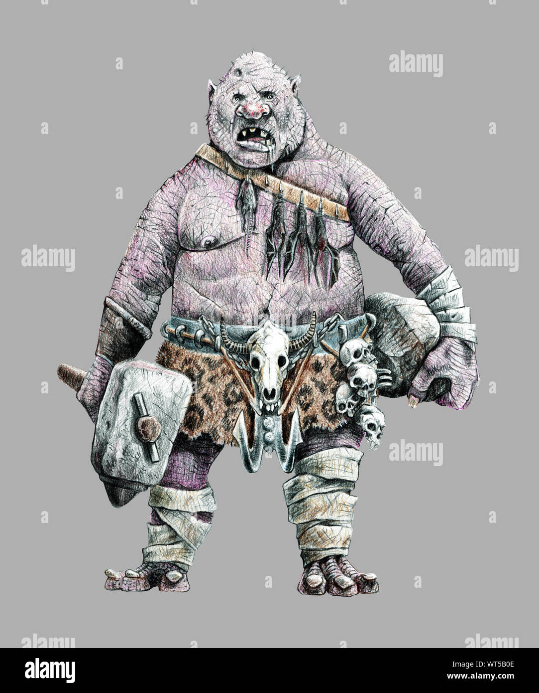 Giant troll with hammer. Fantasy drawing. Cannibal on the hunt Stock ...