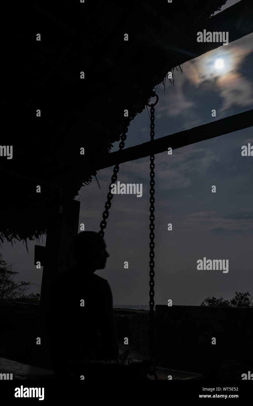 man sitting on swing enjoying moonlight with silent sea image is ...